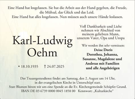 Traueranzeigen Von Karl Ludwig Oehm Trauerportal Ihrer Tageszeitung