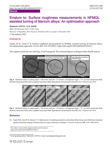 Pdf Erratum To Surface Roughness Measurements In Nfmql Assisted