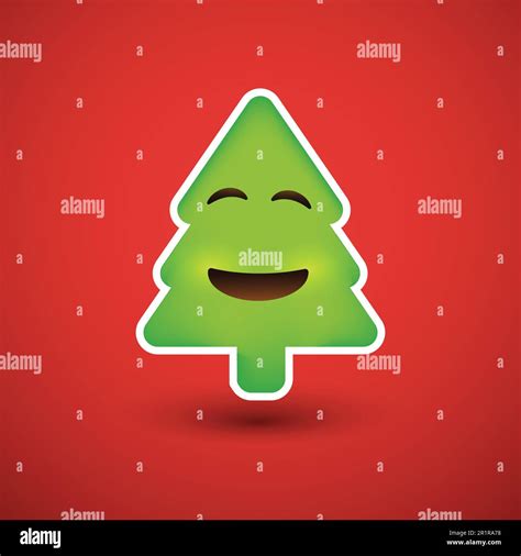 Smiling Emoji Simple Christmas Tree Shaped Emoticon On Red Background