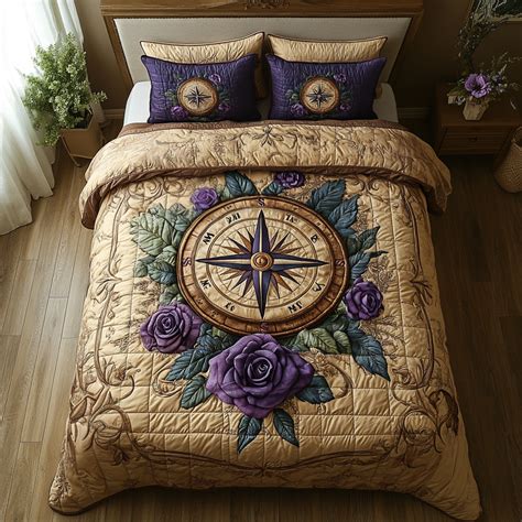 Purple Compass 3 Piece Quilted Bedding Set Ncu0dv4488 Vantique