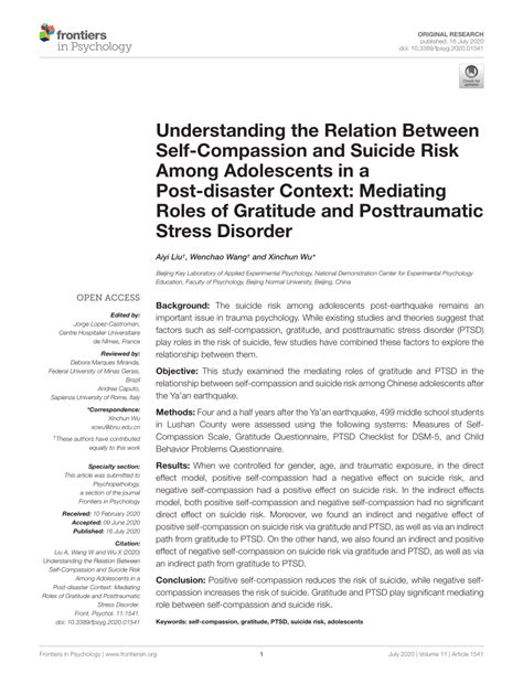 Pdf Understanding The Relation Between Self Compassion And Suicide Risk Among Adolescents In A