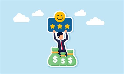 여러 개의 돈 가방을 가진 사업가 별 3개가 있는 보드와 좋은 리뷰와 높은 수익에 대한 행복한 이모티콘 그림을 들고 있습니다 개발에 대한 스톡 벡터 아트 및 기타 이미지