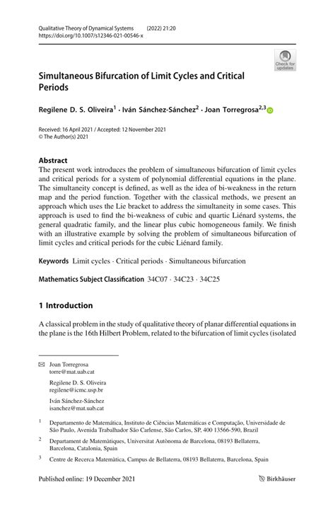 Pdf Simultaneous Bifurcation Of Limit Cycles And Critical Periods
