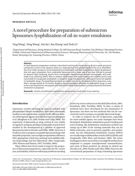 Pdf A Novel Procedure For Preparation Of Submicron Liposomes