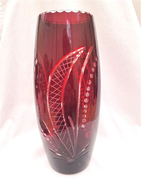 Vintage Ruby Crystal Glass Vase Cut To Clear Spears And Lenses Floral