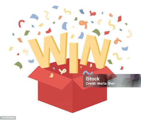 승리 아이콘입니다 내부에 색종이 폭발과 Win 단어가있는 빨간색 상자를 엽니 다 우승자 개념 벡터 플랫 일러스트 레이 션 래플에