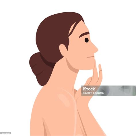 여자 얼굴 프로필입니다 아름 다운 소녀 초상화 측면 볼 때 흰색이 고립되어 있습니다 완벽한 턱과 목에 손가락으로 가리키는 뷰티 모델 페이셜 리프팅 마사지 벡터에 대한 스톡