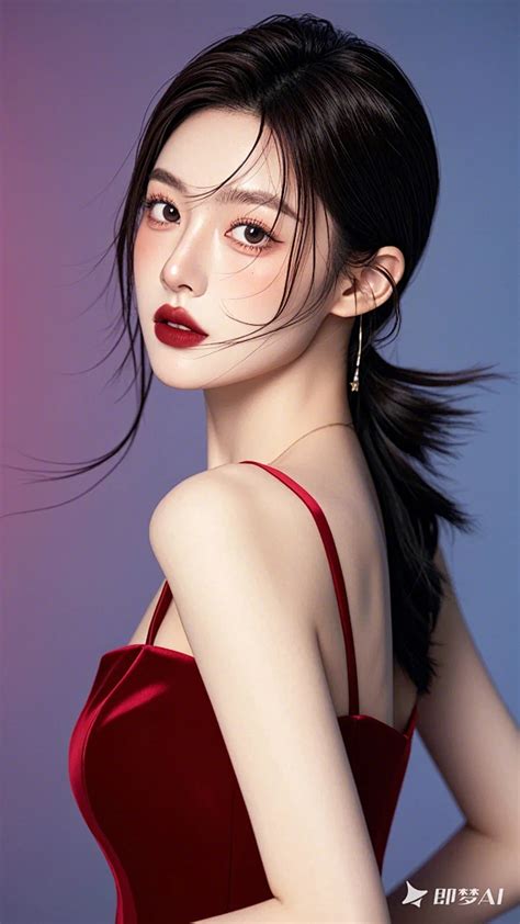 穿吊带红裙，露腰s，模特，正面，歪头，头发不飘，精致五官，面部细节完美，扎头发，时尚服装，全身肖像，平视，头不顶天，高级光影渐变背景，中景视角，大光圈，细腻的光泽，8k图片 Ai图片素材 花瓣网