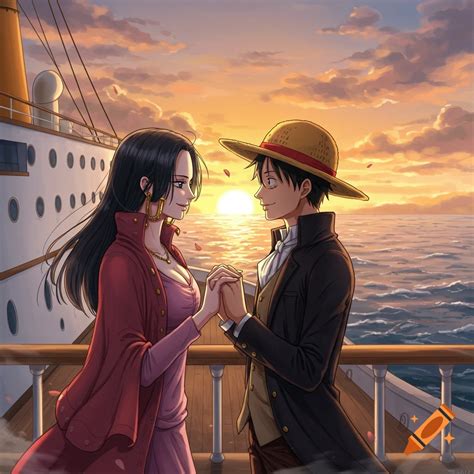 Anime Characters Boa Hancock And Monkey D Luffy Hold Hands On A Ship