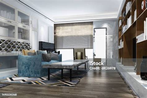대리석 타일과 책장과 소파가 있는 3d 렌더링 나무 클래식 거실 0명에 대한 스톡 사진 및 기타 이미지 0명 Tv 스탠드 가구 Istock