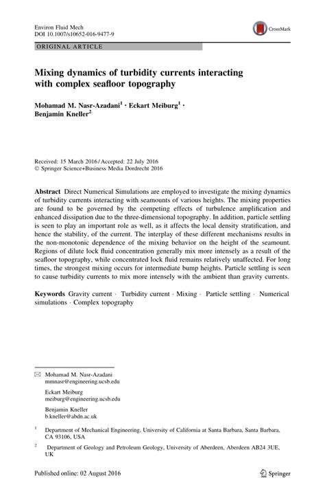 Pdf Mixing Dynamics Of Turbidity Currents Interacting With Complex Seafloor Topography