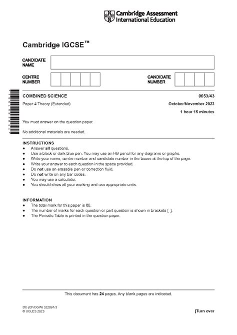 0653 W22 Ms 41 Igcse Past Papers Combined Science October November 2022 Mark Scheme Paper