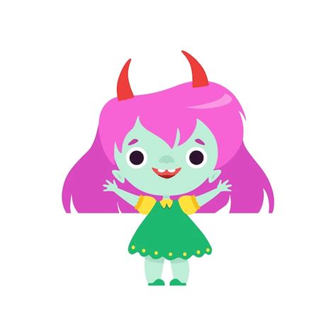Premium Vector Cute Horned Troll Girl Happy Smiling Fantasy Creature