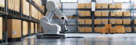 Robotic Arm In A Warehouse Managing Packages Illustrating Logistics Automation And Efficient