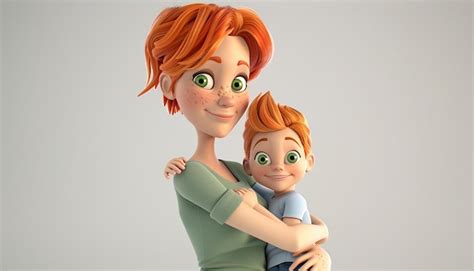3d Cartoonized Mom Holding Young Son With Red Hair Green Eyes And Tan