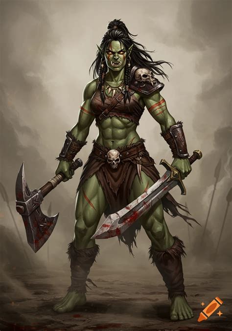 A Fierce Muscular Female Orc Berserker With Green Skin And War Paint