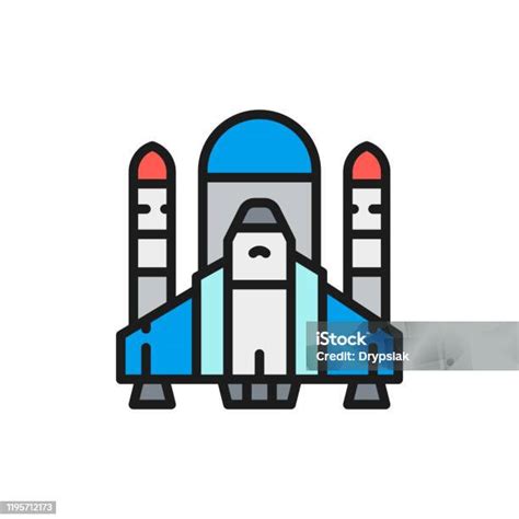 벡터 우주 왕복선 로켓 비행기 평면 컬러 라인 아이콘입니다 Launch Party에 대한 스톡 벡터 아트 및 기타 이미지 Launch Party Ship Launch