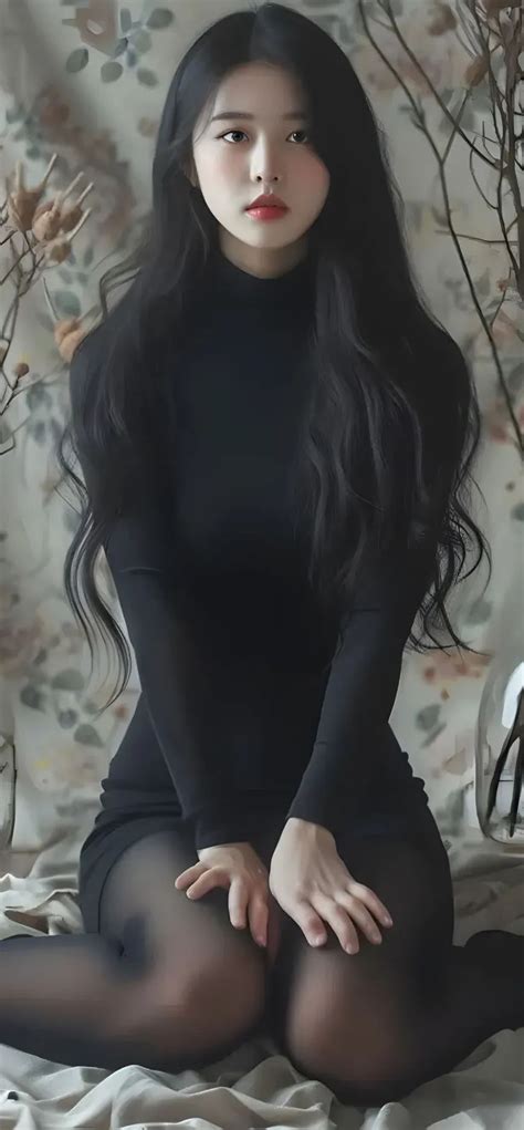 黑裙长发女子优雅跪坐，尽显温柔气质的绝美壁纸 美女壁纸 白丝短裙 黑丝美腿 超仙表情包图片动图 求表情网斗图从此不求人