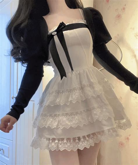 마리그램 프린세스 오프숄더 슬리브리스 트리플 삼중 레이스 프릴 시스루 벌룬 소매 배색 미니 나시 원피스 리본 벌룬 소매 볼레로 가디건 코스프레 이벤트 데이트룩 무대의상