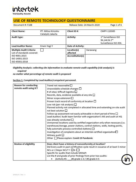 F108 Use Of Remote Technology Questionnaire Pdf Audit Risk