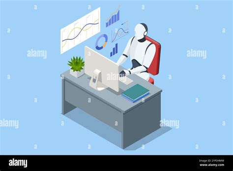 Isometric Humanoid Robot Works In Office Typing On A Computer As Part