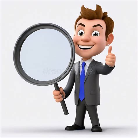 Cartoon Business Man Standing Holding A Big Magnifying Glass Stock
