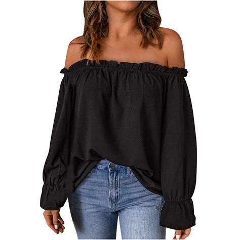 Womens Spring Summer Off The Shoulder Tops Summer Long Sleeve Strapless