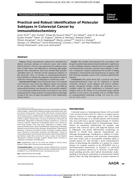 Pdf Practical And Robust Identification Of Molecular Subtypes In Colorectal Cancer By