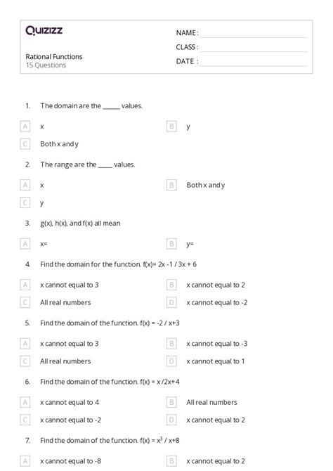 50 Rational Expressions Equations And Functions Worksheets For 12th Grade On Quizizz Free