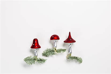 크리스마스 식물 장식품은 흰색 배경에 자연 녹색 크리스마스 전나무 나무 가지에 붉은 모자와 흰색 점으로 아가릭 버섯을 비행 휴일 겨울 장식 0명에 대한 스톡 사진 및 기타