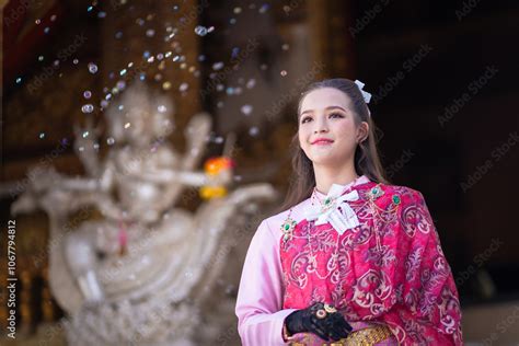 Beautiful Asian Woman Tourist Wearing Traditional Thai Dress Costume