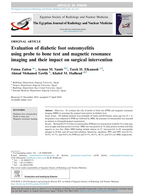 Pdf Evaluation Of Diabetic Foot Osteomyelitis Using Probe To Bone