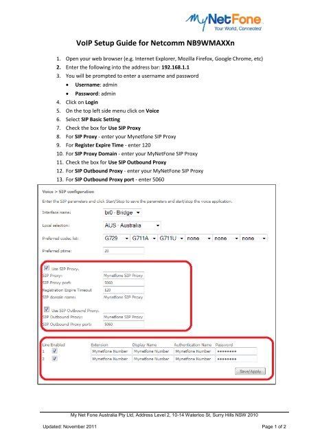 VoIP Setup Guide For Netcomm NB WMAXXn MyNetFone