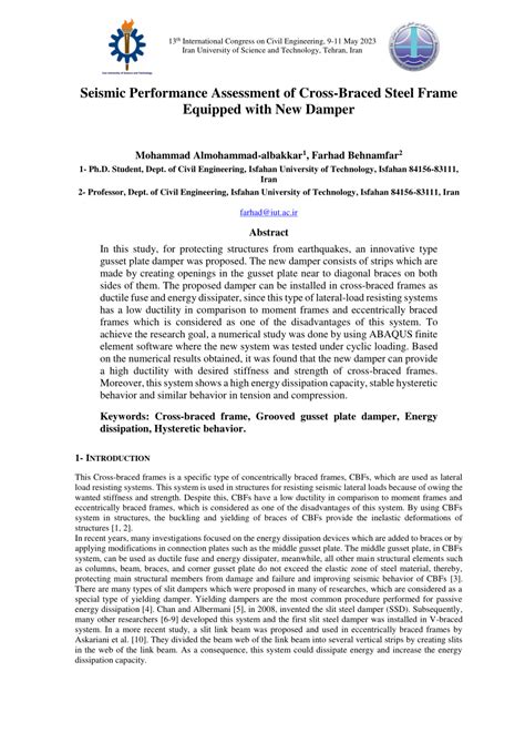 Pdf Seismic Performance Assessment Of Cross Braced Steel Frame Equipped With New Damper
