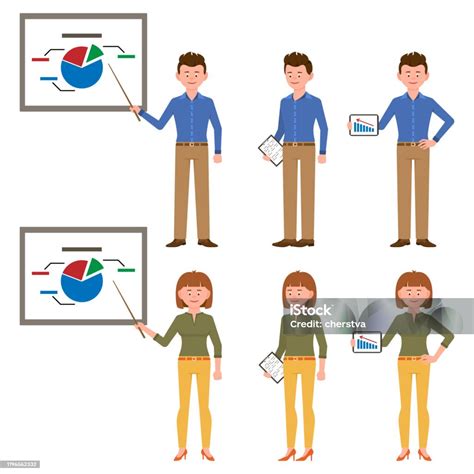 젊은 얇은 사무실 남자와 여자 벡터 그림입니다 포인터 프리젠 테이션 노트 엉덩이에 손을 서 재미있는 남자와 흰색에 설정 레이디 만화 캐릭터 여자에 대한 스톡 벡터 아트 및