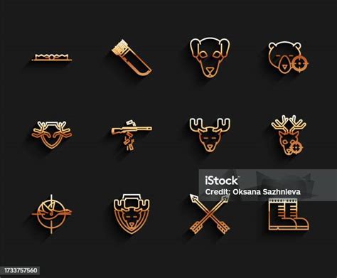 십자선 무스 머리 방패 함정 사냥 교차 화살 사냥꾼 부츠 총 사격 사슴 및 뿔 아이콘으로 오리 사냥을 설정하십시오 벡터 거위 새에 대한 스톡 벡터 아트 및 기타 이미지