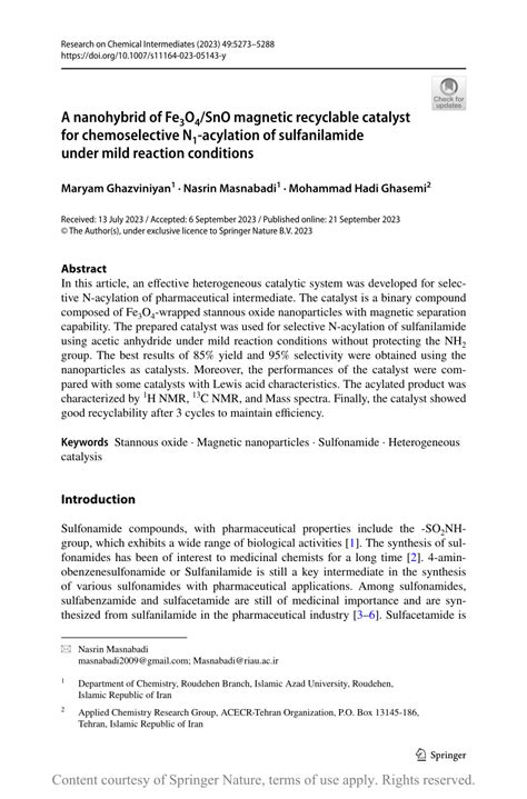 A Nanohybrid Of Fe3o4sno Magnetic Recyclable Catalyst For Chemoselective N1 Acylation Of