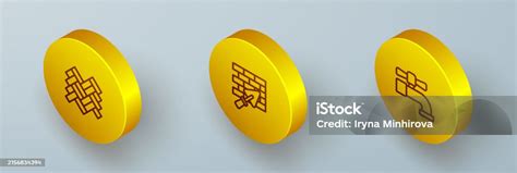 등각 투영 선 쪽모이 세공 흙손이 있는 벽돌 벽 및 물 꼭지 아이콘을 설정합니다 벡터 3차원 형태에 대한 스톡 벡터 아트 및