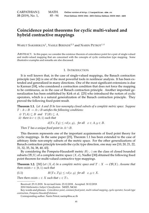 Pdf Coincidence Point Theorems For Cyclic Multi Valued And Hybrid Contractive Mappings