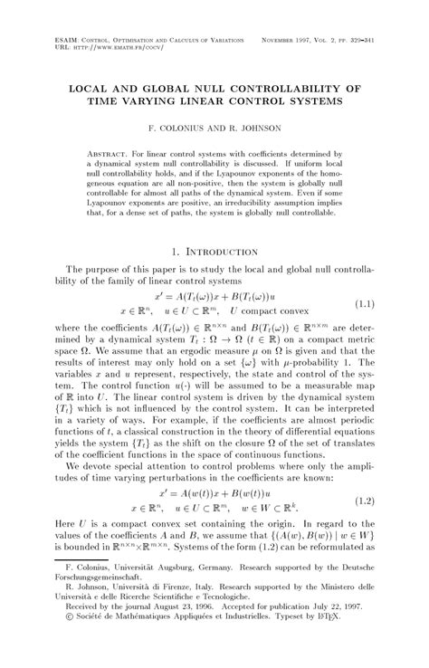 Pdf Local And Global Null Controllability Of Time Varying Linear