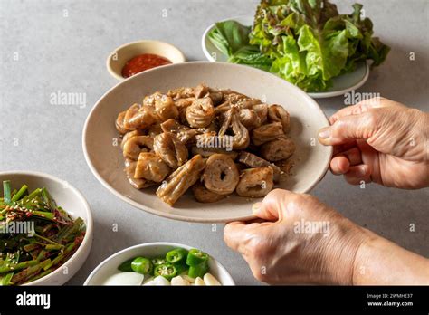korean food dish grilled beef entrails with salt grilled beef entrails