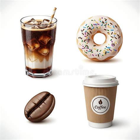 Assorted Coffee And Sweet Treats Set With Iced Drink Donut Coffee Cup And Coffee Bean Stock