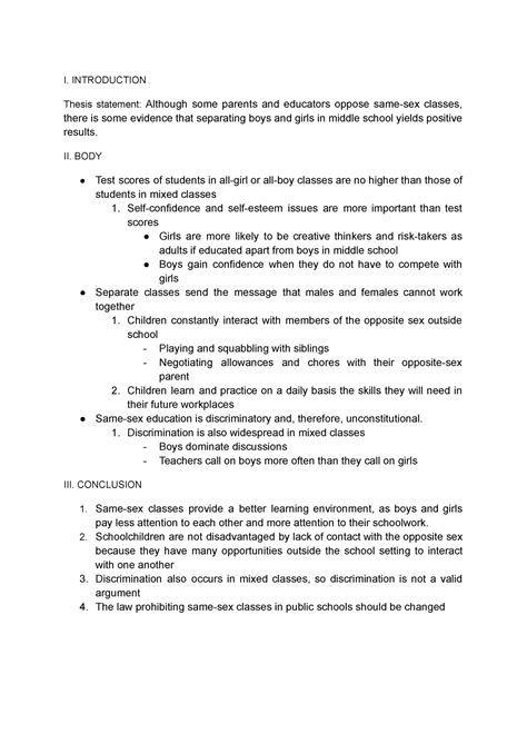 Separating The Sexes Just For The Tough Years Outline I INTRODUCTION Thesis Statement