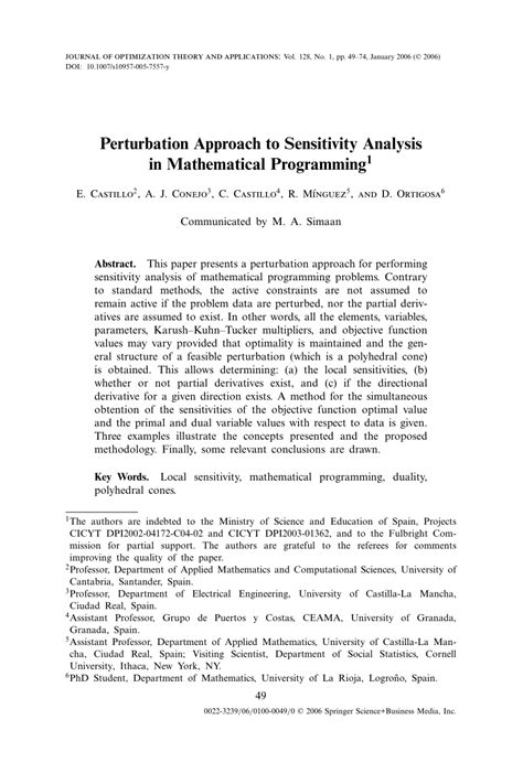 Pdf Perturbation Approach To Sensitivity Analysis In Mathematical Programming
