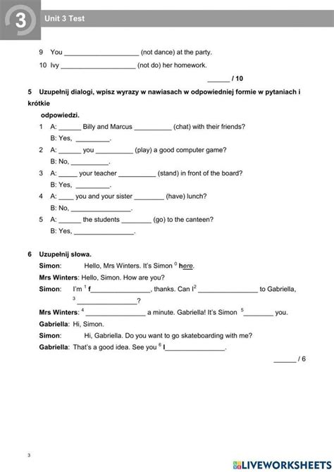 English Class A1 Unit 3 Test Worksheet