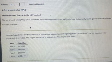 Solved 1 Net Present Value Npv Evaluating Cash Flows With