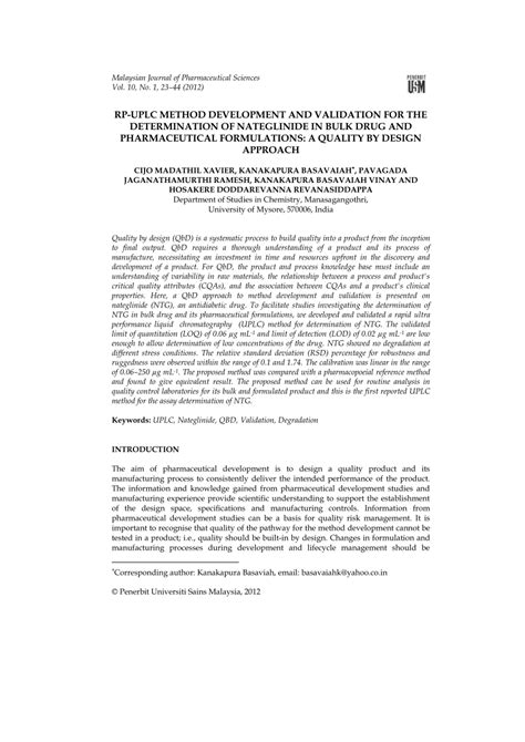 Pdf Rp Uplc Method Development And Validation For The Determination Of Nateglinide In Bulk