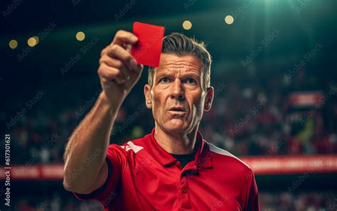 Soccer Referee Shows Red Card To Send Off Fouled Player Serious