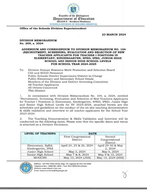 Dm209s 2024 Addendum And Corrigendum To Division Memorandum No 104 Recruitment Screening