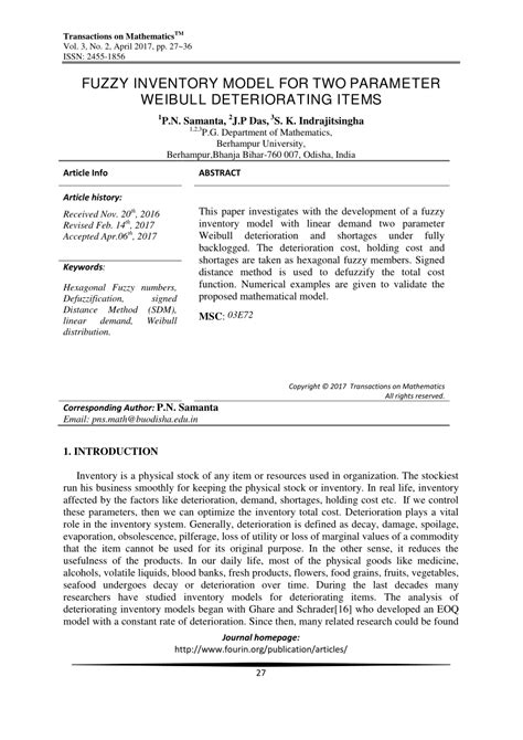 Pdf Fuzzy Inventory Model For Two Parameter Weibull Deteriorating Items